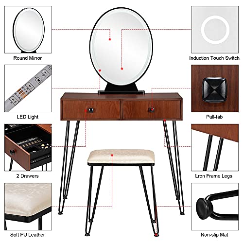 WYKDD Dresser Set Dressing Table Bedroom Wrought Iron Dresser Black Iron feet Brown Table top Built-in 3 Color led