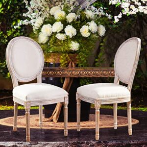 COLAMY French Country Vintage Dining Chairs Set of 6, Upholstered Farmhouse Dining Room Chairs with Round Back, Solid Wood Legs, Accent Side Chairs for Kitchen/Living Room/Bedroom-Classic Beige