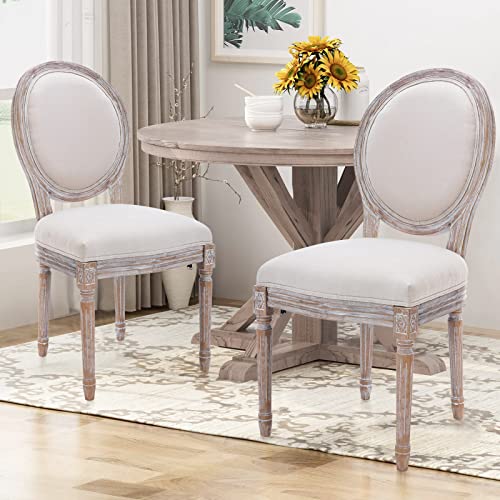 COLAMY French Country Vintage Dining Chairs Set of 6, Upholstered Farmhouse Dining Room Chairs with Round Back, Solid Wood Legs, Accent Side Chairs for Kitchen/Living Room/Bedroom-Classic Beige