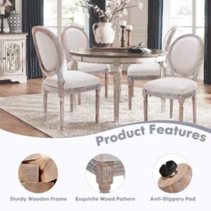 COLAMY French Country Vintage Dining Chairs Set of 6, Upholstered Farmhouse Dining Room Chairs with Round Back, Solid Wood Legs, Accent Side Chairs for Kitchen/Living Room/Bedroom-Classic Beige