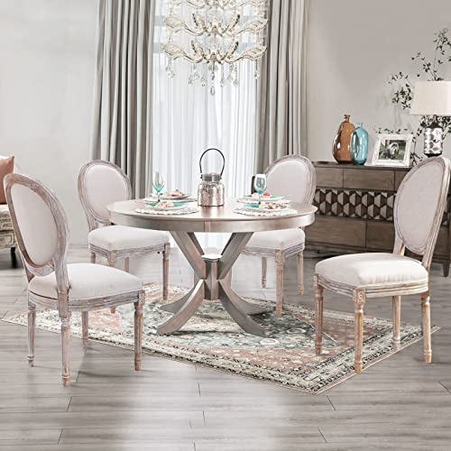 COLAMY French Country Vintage Dining Chairs Set of 6, Upholstered Farmhouse Dining Room Chairs with Round Back, Solid Wood Legs, Accent Side Chairs for Kitchen/Living Room/Bedroom-Classic Beige