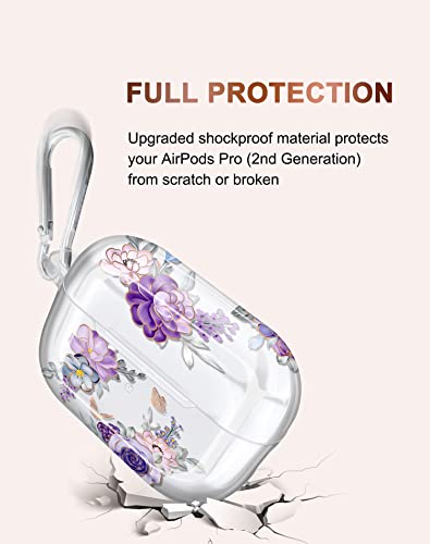 JIAXIUFEN for Airpods Pro 2nd Generation Case Cover Gold Glitter Butterfly Design Protective TPU Skin for Women Girl with Keychain Compatible with AirPods Pro 2019/Pro 2 Gen 2022 Flower Purple