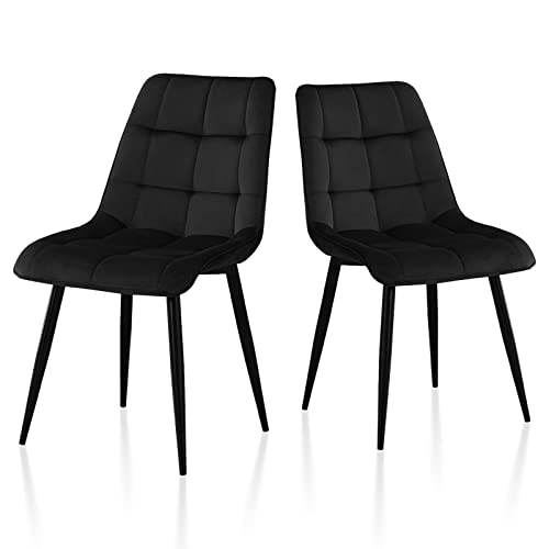 TUKAILAI Velvet Dining Chairs Set of 2, Soft Comfy Upholstered Seat and Backrest Accent Chair, Modern Leisure Side Chair with Metal Legs for Kitchen, Living Room, Lounge (Black)