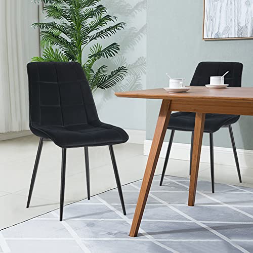 TUKAILAI Velvet Dining Chairs Set of 2, Soft Comfy Upholstered Seat and Backrest Accent Chair, Modern Leisure Side Chair with Metal Legs for Kitchen, Living Room, Lounge (Black)