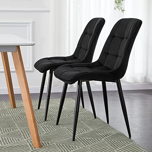 TUKAILAI Velvet Dining Chairs Set of 2, Soft Comfy Upholstered Seat and Backrest Accent Chair, Modern Leisure Side Chair with Metal Legs for Kitchen, Living Room, Lounge (Black)