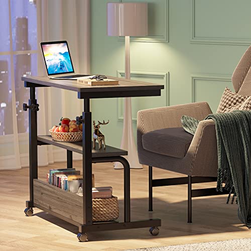 Tribesigns Small Portable Desk Side Table with Wheels, Height Adjustable Sofa Couch Bedside Laptop Table, Mobile Standing Computer Cart C Shaped Rolling TV Tray with Storage Shelves (Gray)