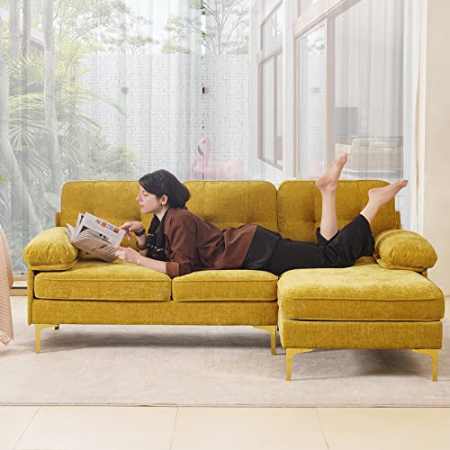 80.7"Modern Sectional Sofa ,Loveseat Sofa Couch for Living Room,Apartment and Small Space,Chenille L-Shaped Sofas with Solid Wood Frame,Removable cushions,Wide Armrest，Easy to Assemble（Yellow）