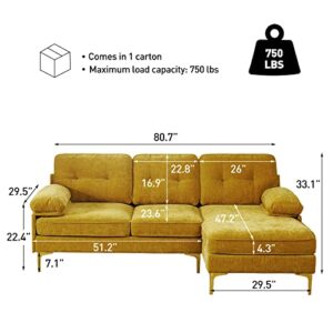 80.7"Modern Sectional Sofa ,Loveseat Sofa Couch for Living Room,Apartment and Small Space,Chenille L-Shaped Sofas with Solid Wood Frame,Removable cushions,Wide Armrest，Easy to Assemble（Yellow）