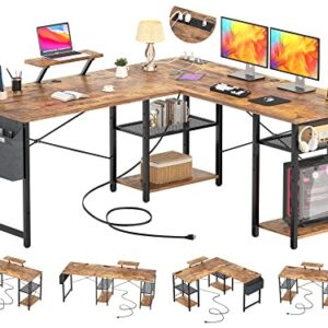 Aheaplus L Shaped Desk with Outlet and USB Charging Port, L-Shaped Desk with Storage Shelves Reversible Corner Computer Desk 2 Person Long Table with Monitor Stand Gaming Home Office Desk,Rustic Brown