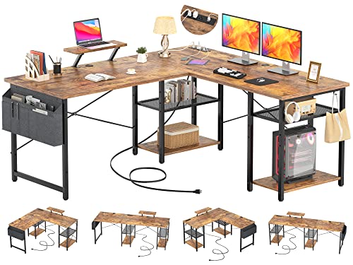 Aheaplus L Shaped Desk with Outlet and USB Charging Port, L-Shaped Desk with Storage Shelves Reversible Corner Computer Desk 2 Person Long Table with Monitor Stand Gaming Home Office Desk,Rustic Brown