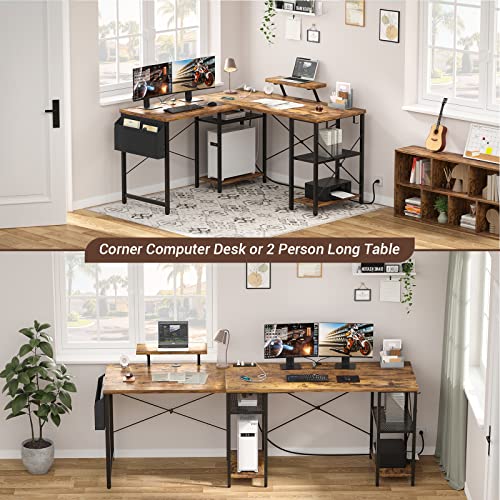 Aheaplus L Shaped Desk with Outlet and USB Charging Port, L-Shaped Desk with Storage Shelves Reversible Corner Computer Desk 2 Person Long Table with Monitor Stand Gaming Home Office Desk,Rustic Brown