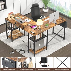 Aheaplus L Shaped Desk with Outlet and USB Charging Port, L-Shaped Desk with Storage Shelves Reversible Corner Computer Desk 2 Person Long Table with Monitor Stand Gaming Home Office Desk,Rustic Brown