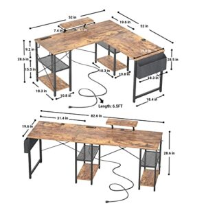 Aheaplus L Shaped Desk with Outlet and USB Charging Port, L-Shaped Desk with Storage Shelves Reversible Corner Computer Desk 2 Person Long Table with Monitor Stand Gaming Home Office Desk,Rustic Brown