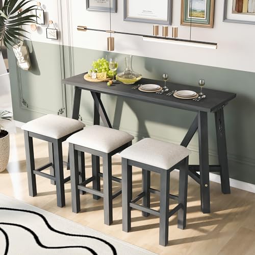 LUMISOL 4-Piece Counter Height Dining Set with 3 Barstools, Modern Pub Table Set with USB Interface and Power Socket for Small Space (Gray)