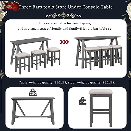 LUMISOL 4-Piece Counter Height Dining Set with 3 Barstools, Modern Pub Table Set with USB Interface and Power Socket for Small Space (Gray)