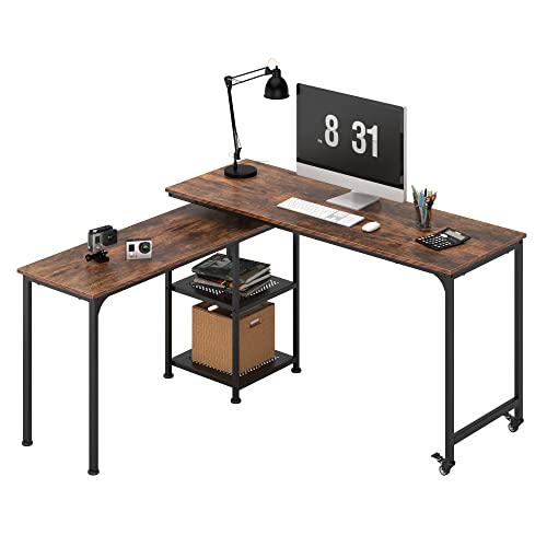 Wellynap L-Shaped Computer Desk with Open Shelves, 360° Free Rotating Corner Computer Desk, Modern Writing Desk with 2 Universal Casters for Home Office, Living Room, Brown