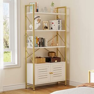 yitahome bookshelf and bookcase with storage cabinet, standing 5 tiers book shelves display rack with doors for bedroom living room office,white&gold