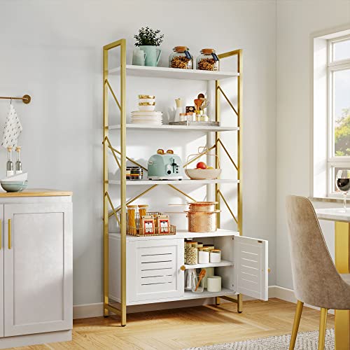 YITAHOME Bookshelf and Bookcase with Storage Cabinet, Standing 5 Tiers Book Shelves Display Rack with Doors for Bedroom Living Room Office,White&Gold