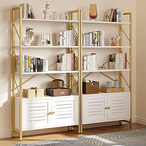 YITAHOME Bookshelf and Bookcase with Storage Cabinet, Standing 5 Tiers Book Shelves Display Rack with Doors for Bedroom Living Room Office,White&Gold