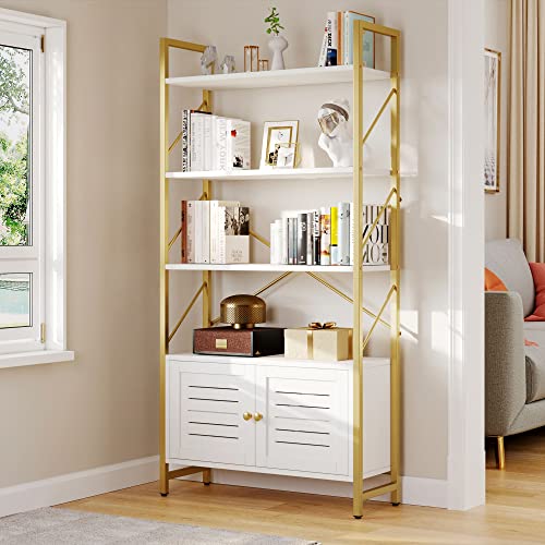 YITAHOME Bookshelf and Bookcase with Storage Cabinet, Standing 5 Tiers Book Shelves Display Rack with Doors for Bedroom Living Room Office,White&Gold