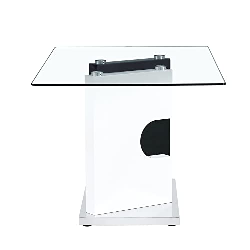 Henf 63" Glass Dining Table Rectangular Kitchen Table with High-Gloss White/Black Pedestal, Contemporary Modern Dining Room Tables Home Office Meeting Table for 6