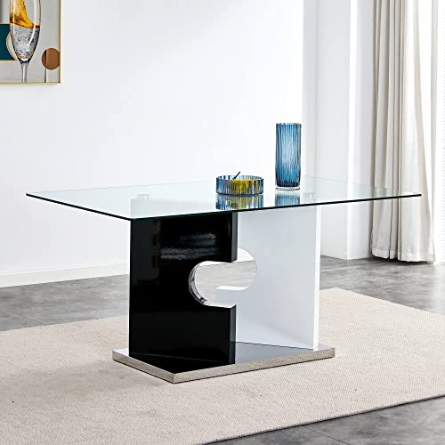 Henf 63" Glass Dining Table Rectangular Kitchen Table with High-Gloss White/Black Pedestal, Contemporary Modern Dining Room Tables Home Office Meeting Table for 6