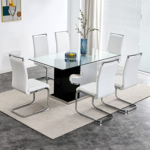 Henf 63" Glass Dining Table Rectangular Kitchen Table with High-Gloss White/Black Pedestal, Contemporary Modern Dining Room Tables Home Office Meeting Table for 6