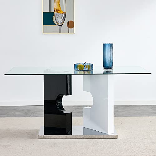 Henf 63" Glass Dining Table Rectangular Kitchen Table with High-Gloss White/Black Pedestal, Contemporary Modern Dining Room Tables Home Office Meeting Table for 6