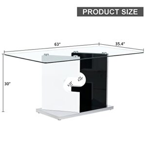 Henf 63" Glass Dining Table Rectangular Kitchen Table with High-Gloss White/Black Pedestal, Contemporary Modern Dining Room Tables Home Office Meeting Table for 6