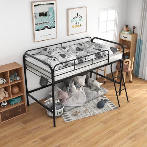 Majnesvon Metal Low Loft Bed Twin Size with Sturdy Steel Frame, Twin Loft Bed Frame with Ladder and Safety Guardrails, Storage Space Under The Bed for Kids, Toddlers, Teens (Black)