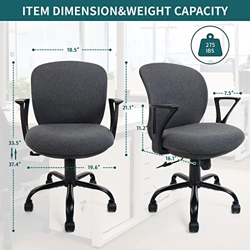 CLATINA Mid Back Office Desk Chair with Comfortable Thickened Seat Cushion Fabric Ergonomic Swivel Computer Task Chair with Armrest for Home Office Studying, Grey