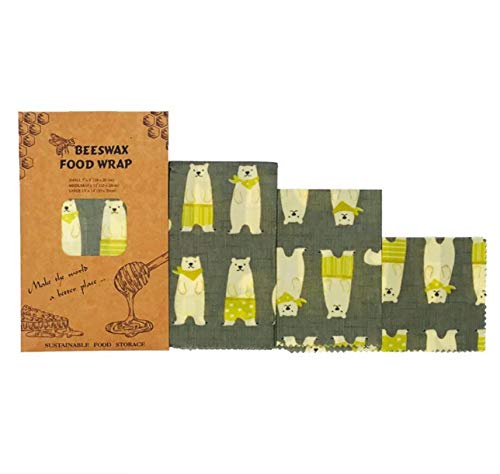 VOVOLO (Bears Print 3 Pack S/M/LReusable Beeswax Food Wraps Eco Friendly Wrappers Sustainable Plastic Free Food Storage Washable Bowl Covers Sandwich Wrappers