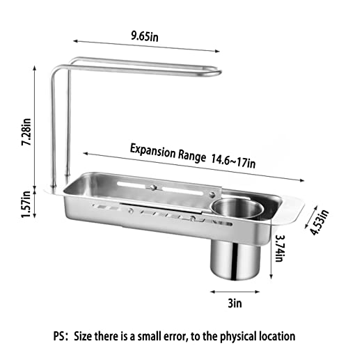 Kitchen Sink Caddy, Telescopic Sink Storage Rack Sink Sponge Holder for Kitchen Sink Stainless Steel Expandable (14.5"-17") Kitchen Sink Organizer with Dishcloth Towel Holder - Telescopic Drain Rack