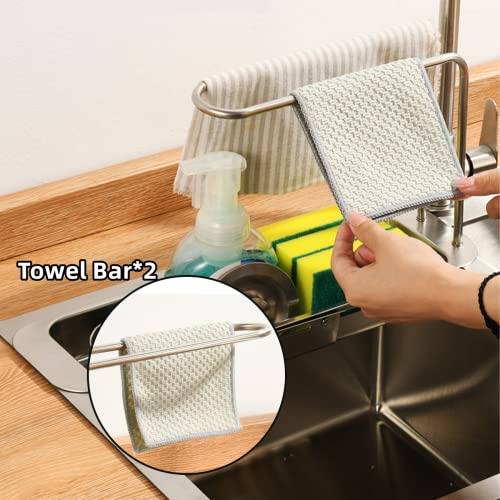 Kitchen Sink Caddy, Telescopic Sink Storage Rack Sink Sponge Holder for Kitchen Sink Stainless Steel Expandable (14.5"-17") Kitchen Sink Organizer with Dishcloth Towel Holder - Telescopic Drain Rack