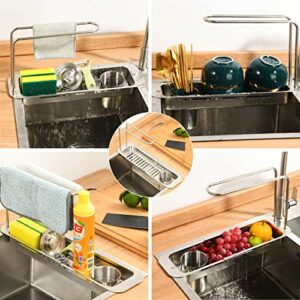 Kitchen Sink Caddy, Telescopic Sink Storage Rack Sink Sponge Holder for Kitchen Sink Stainless Steel Expandable (14.5"-17") Kitchen Sink Organizer with Dishcloth Towel Holder - Telescopic Drain Rack