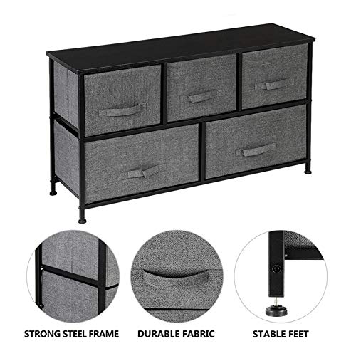 Royard Oaktree Dresser with 5 Drawers Wide Storage Tower with Removable Fabric Bins Chest of Drawers with Wood Top and Steel Frame Organizer Unit for Closets Bedroom Living Room Hallway Entryway