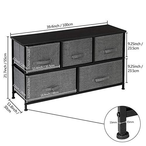 Royard Oaktree Dresser with 5 Drawers Wide Storage Tower with Removable Fabric Bins Chest of Drawers with Wood Top and Steel Frame Organizer Unit for Closets Bedroom Living Room Hallway Entryway