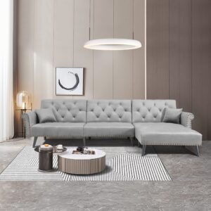 emkk convertible sectional adjustable backrest,upholstered couch with chaise longue 2 pillows modern velvet fabric for living room office apartment, gray l shape sofa