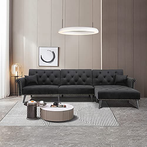 KoiHome Sectional Sofa Right Hand Facing Velvet Button Tufted, L Shape Chaise with Nail Head Detail, Conical Wood Leg, 2 Pillows, Modern & Elegant, Home Furniture for Living Room,Office, Black