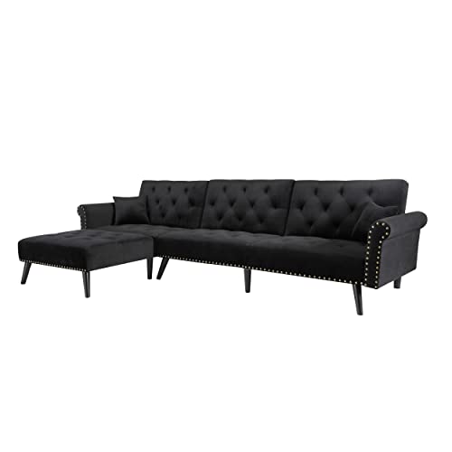 KoiHome Sectional Sofa Right Hand Facing Velvet Button Tufted, L Shape Chaise with Nail Head Detail, Conical Wood Leg, 2 Pillows, Modern & Elegant, Home Furniture for Living Room,Office, Black