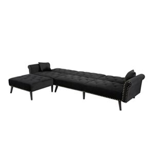 KoiHome Sectional Sofa Right Hand Facing Velvet Button Tufted, L Shape Chaise with Nail Head Detail, Conical Wood Leg, 2 Pillows, Modern & Elegant, Home Furniture for Living Room,Office, Black