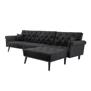 KoiHome Sectional Sofa Right Hand Facing Velvet Button Tufted, L Shape Chaise with Nail Head Detail, Conical Wood Leg, 2 Pillows, Modern & Elegant, Home Furniture for Living Room,Office, Black