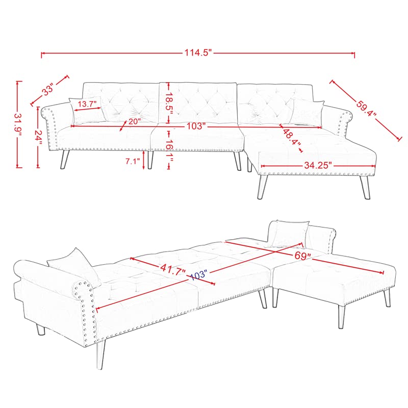 KoiHome Sectional Sofa Right Hand Facing Velvet Button Tufted, L Shape Chaise with Nail Head Detail, Conical Wood Leg, 2 Pillows, Modern & Elegant, Home Furniture for Living Room,Office, Black