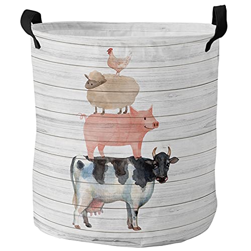 Laundry Basket Cute Farmhouse Animal on Rustic Wooden Grain Hampers for Laundry Room/Dorm/Nursery Collapsible Clothes Hamper with Handle Waterproof Storage Baskets for Bedroom/Bathroom 13.8x17in