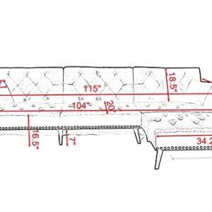 KoiHome Sectional Sofa Right Hand Facing Velvet Button Tufted, L Shape Chaise with Nail Head Detail, Conical Wood Leg, 2 Pillows, Modern & Elegant, Home Furniture for Living Room,Office, Red