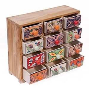 Tyagi-Export -Multipurpose 12 drawer ceramic organizer storage chest of drawers -Teak wood Unique Pottery Fancy Wooden Drawer Box Drawers jewellery organizer,for bedroom living room 14 x 4.5 x 12 Inch