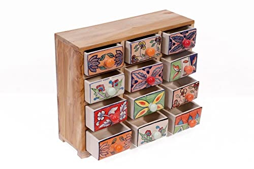 Tyagi-Export -Multipurpose 12 drawer ceramic organizer storage chest of drawers -Teak wood Unique Pottery Fancy Wooden Drawer Box Drawers jewellery organizer,for bedroom living room 14 x 4.5 x 12 Inch