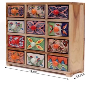 Tyagi-Export -Multipurpose 12 drawer ceramic organizer storage chest of drawers -Teak wood Unique Pottery Fancy Wooden Drawer Box Drawers jewellery organizer,for bedroom living room 14 x 4.5 x 12 Inch