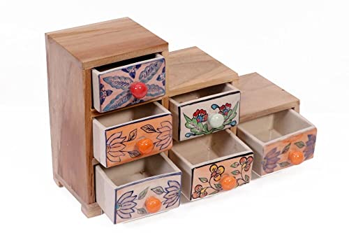 Tyagi-Export -Staircase 6 Drawer Wide Ceramic Organizer Storage Cabinet Chest of Drawers Unique Pottery Wooden Drawer Box Drawers 14 x 4.5 x 9 Inch