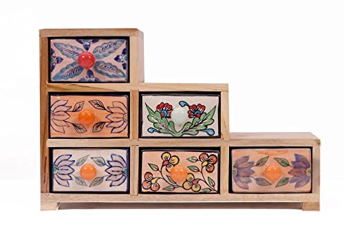 Tyagi-Export -Staircase 6 Drawer Wide Ceramic Organizer Storage Cabinet Chest of Drawers Unique Pottery Wooden Drawer Box Drawers 14 x 4.5 x 9 Inch